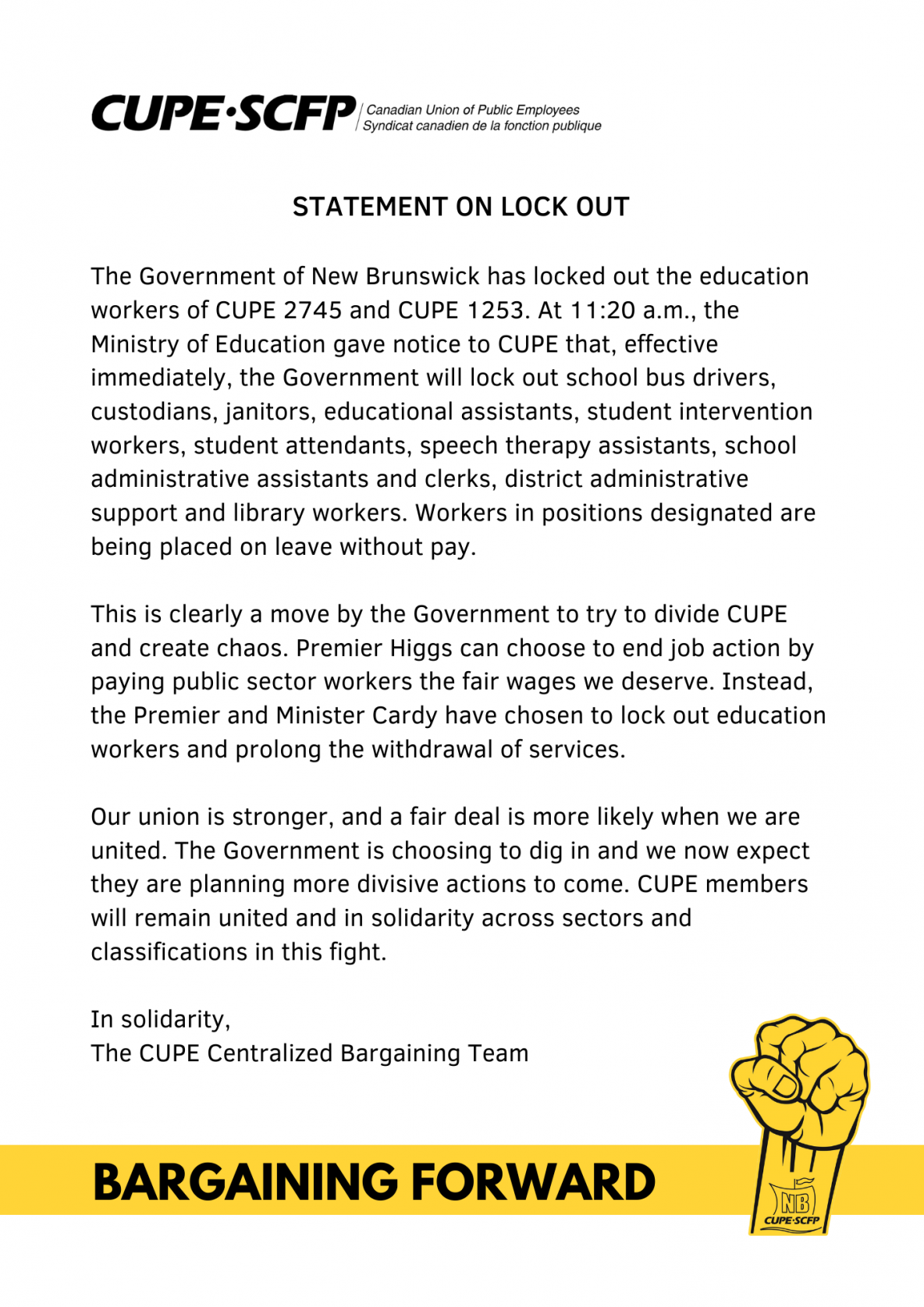 Statement on lock out | CUPE New Brunswick